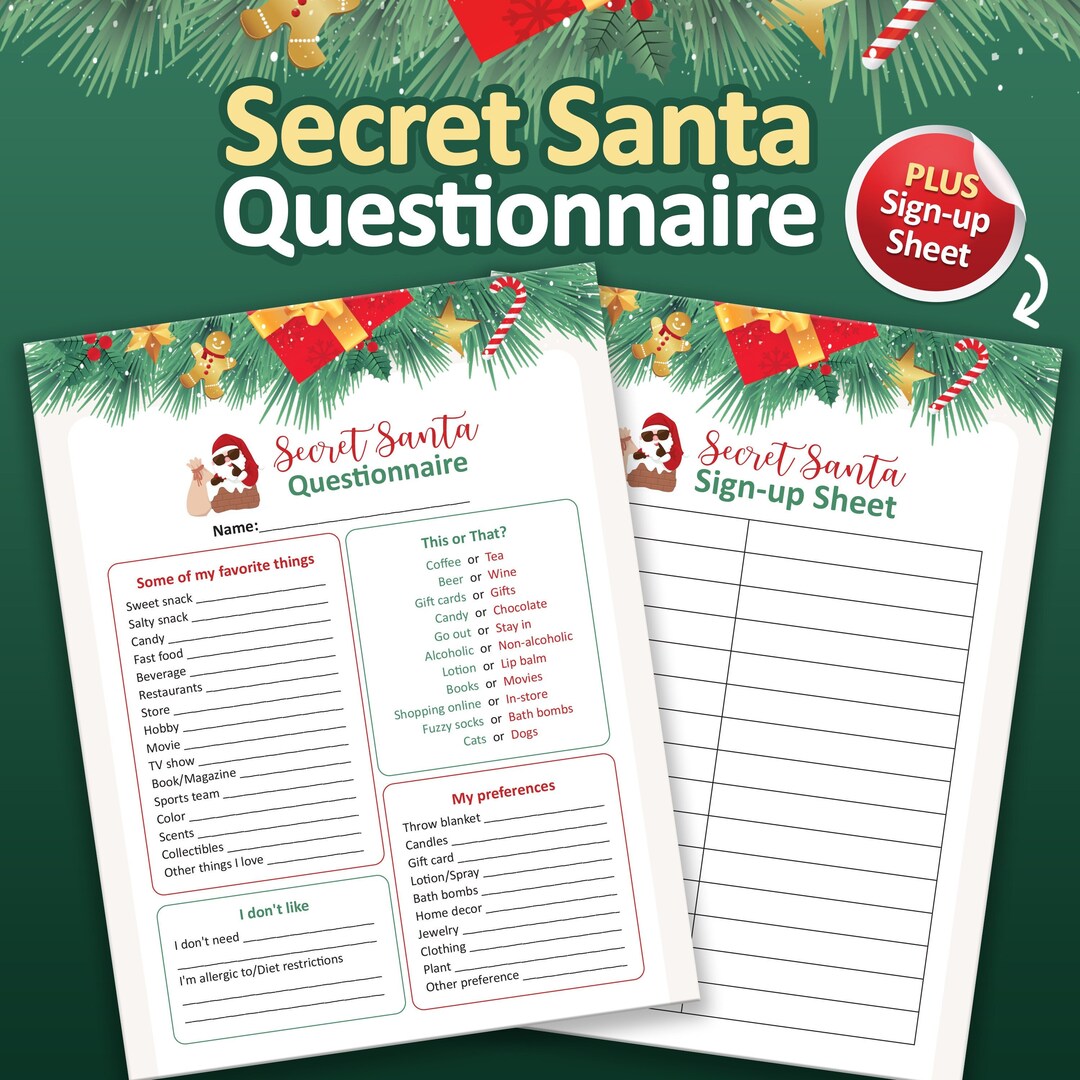 Secret Santa Questionnaire Printable, Secret Santa Cards, Secret Santa ...