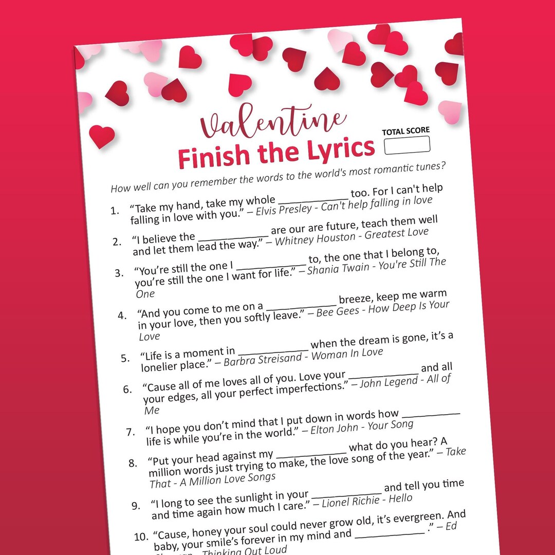 Valentines Finish the Lyrics, Valentines Games Printable, Valentines ...