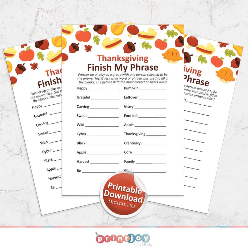 Thanksgiving Finish My Phrase Game, Family Thanksgiving Printable Game ...