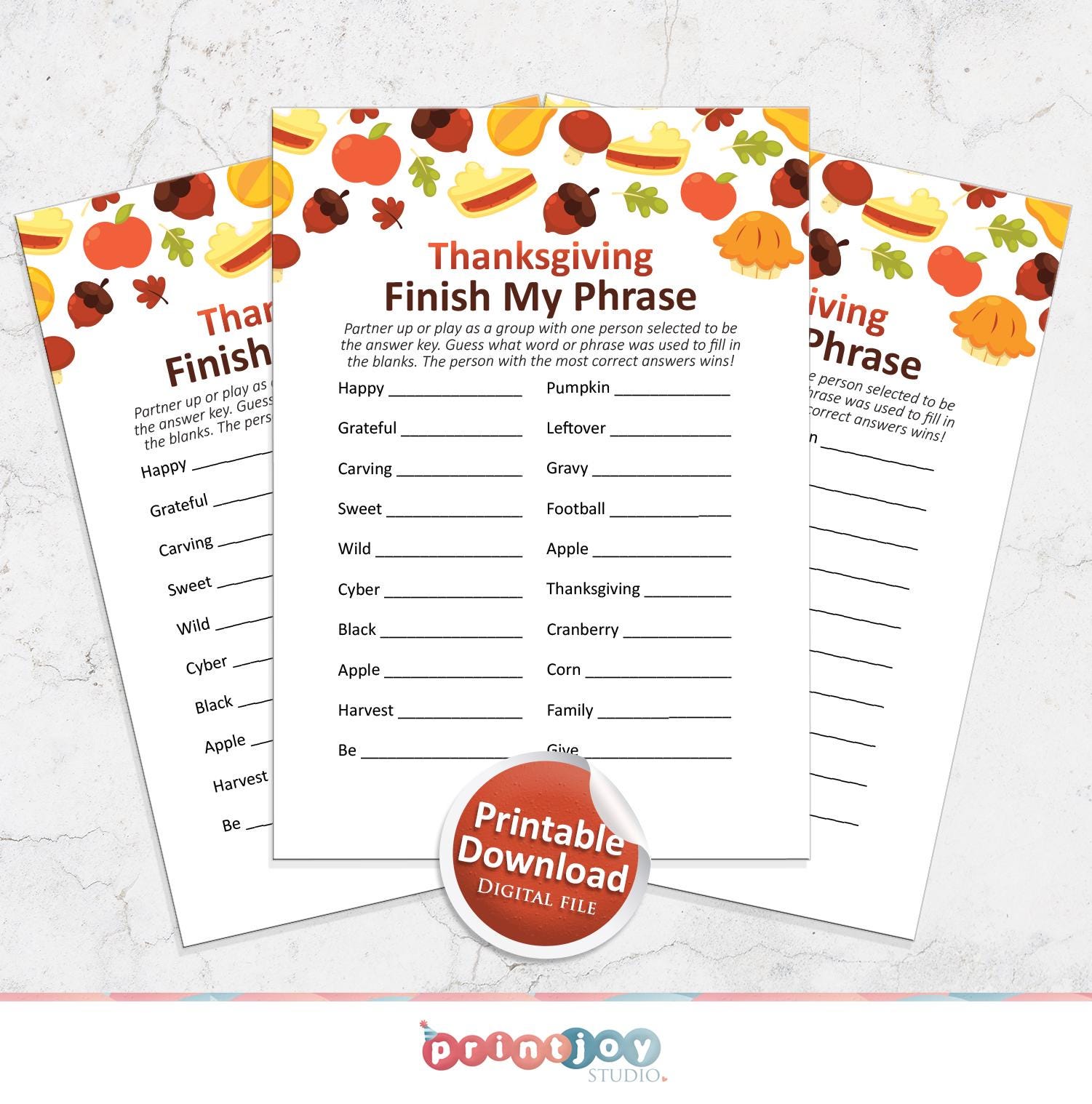 Thanksgiving Finish My Phrase Game, Family Thanksgiving Printable Game ...