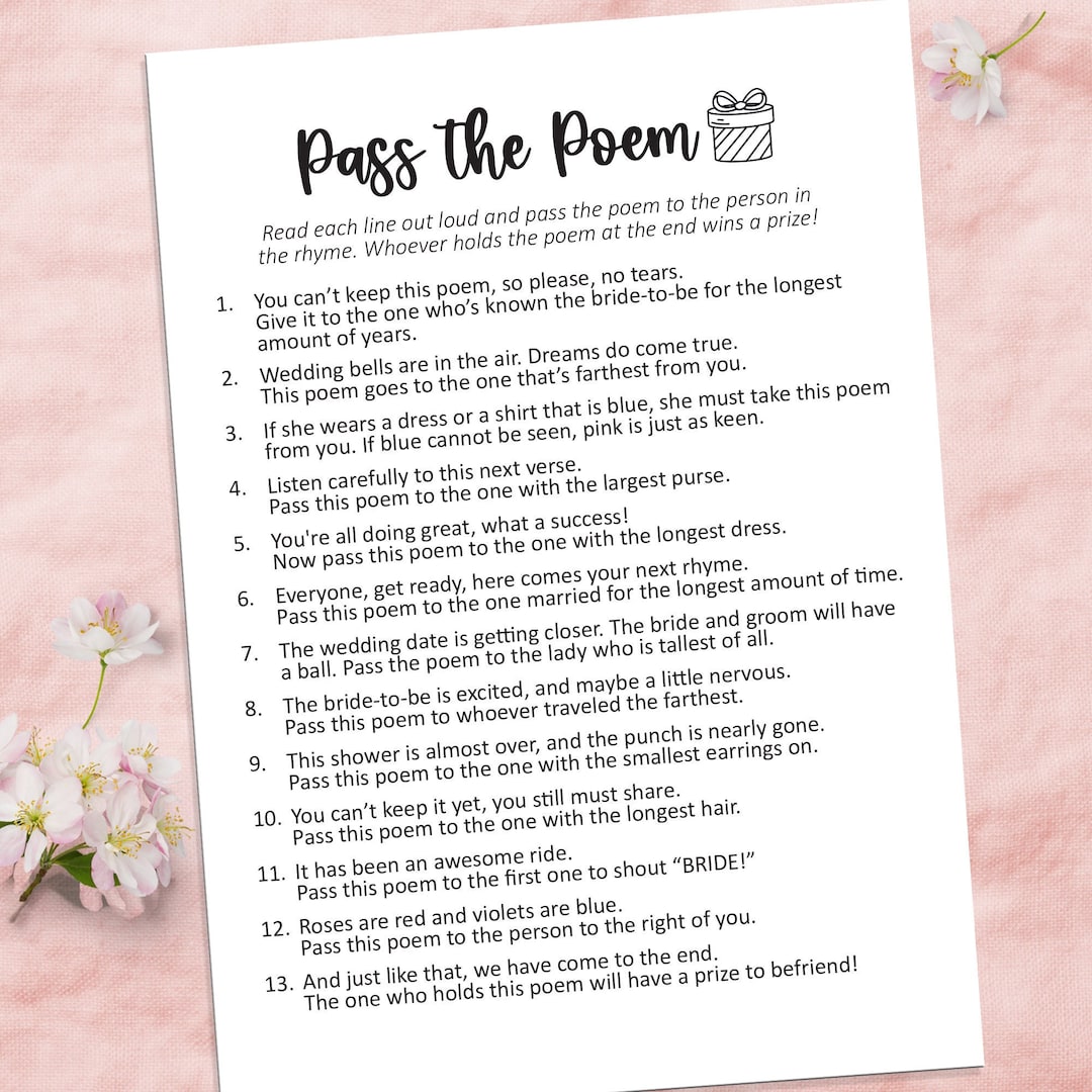 Pass the Poem Bridal Shower Game, Pass the Gift Game, Printable Bridal ...