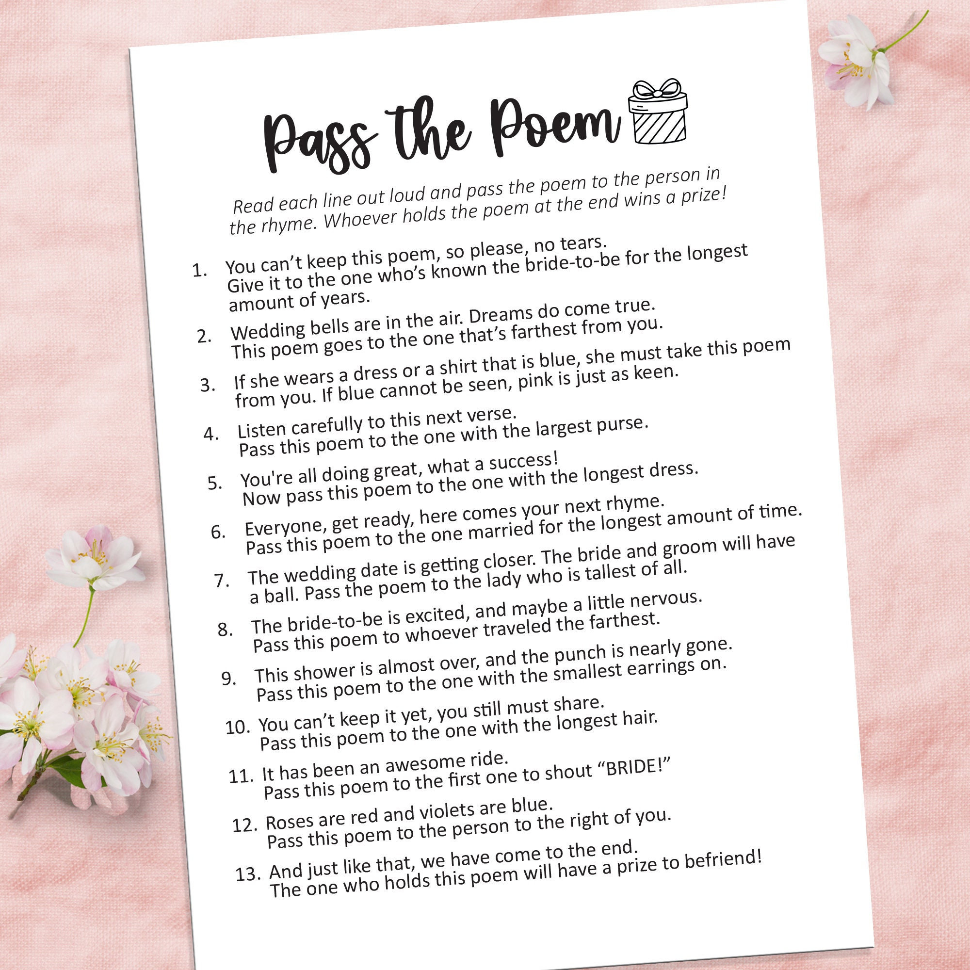 Printable Bridal Shower Poem Game Flamingo Pink Bridal Shower Game