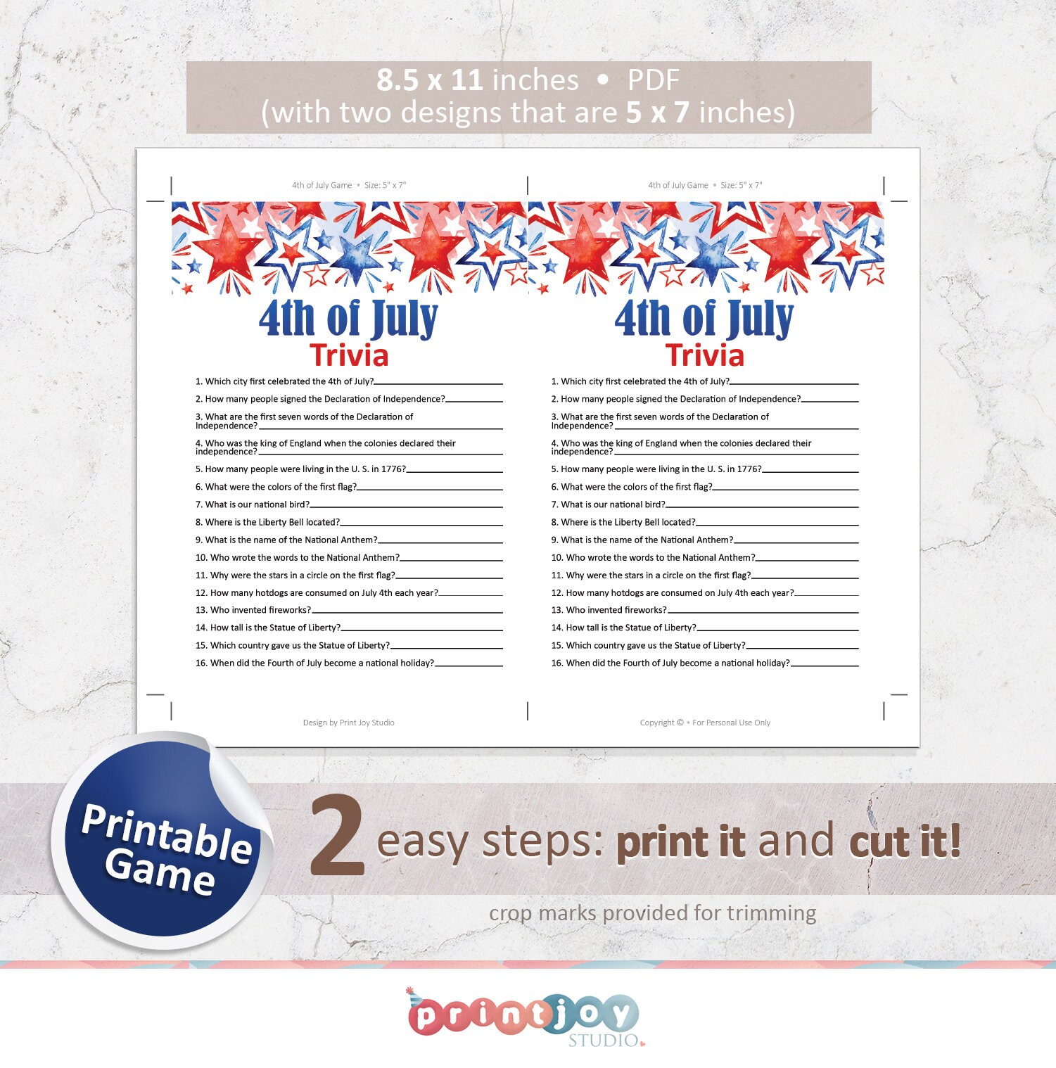 4th of July Printable Game Fourth of July Trivia Game | Etsy