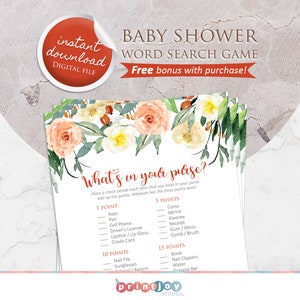 What's in Your Purse Game, Printable Baby Shower Games, Floral Baby ...