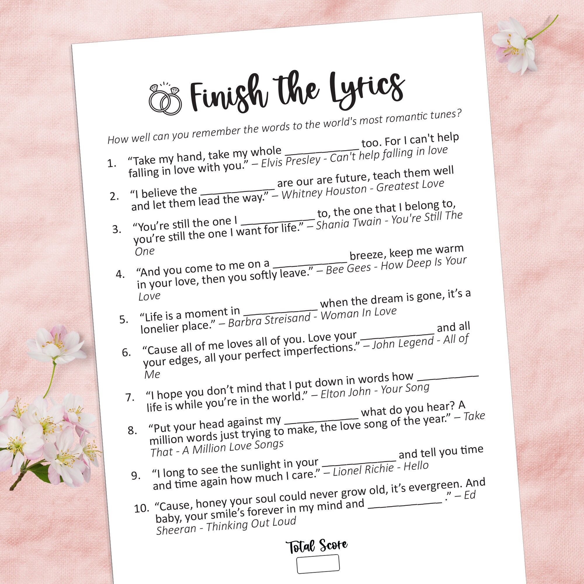 Finish the Lyrics, Bridal Shower Games Printed, Wedding Shower Games ...