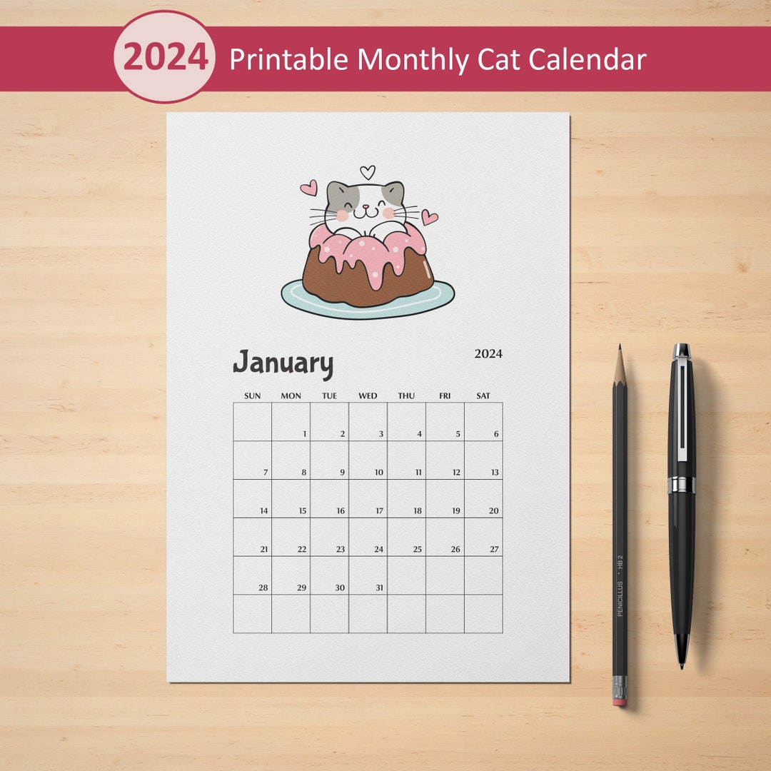Cat Calendar Printable, 2024 Calendar, Cat Lovers, Cat Gifts, Cat ...