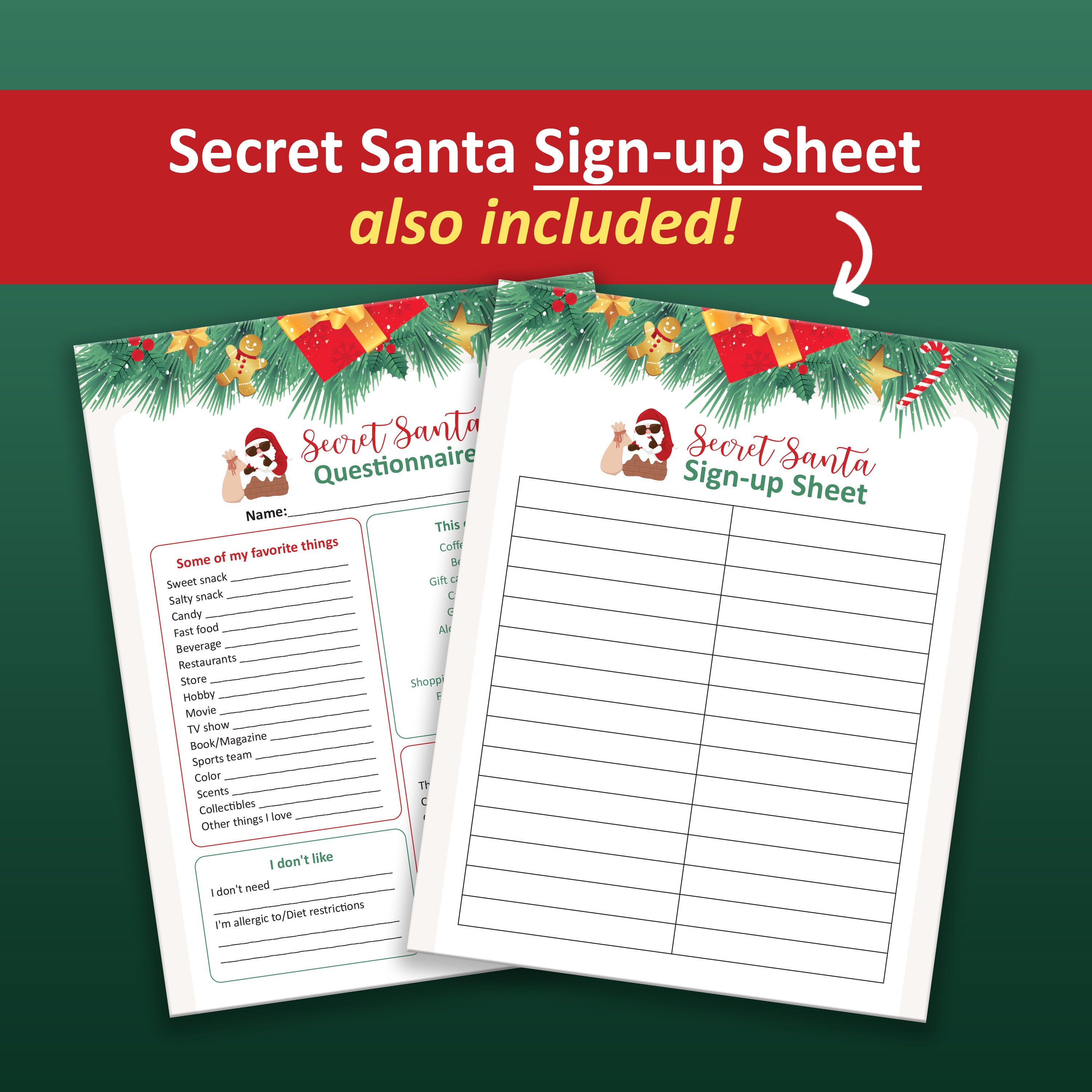 Secret Santa Questionnaire Printable, Secret Santa Cards, Secret Santa ...