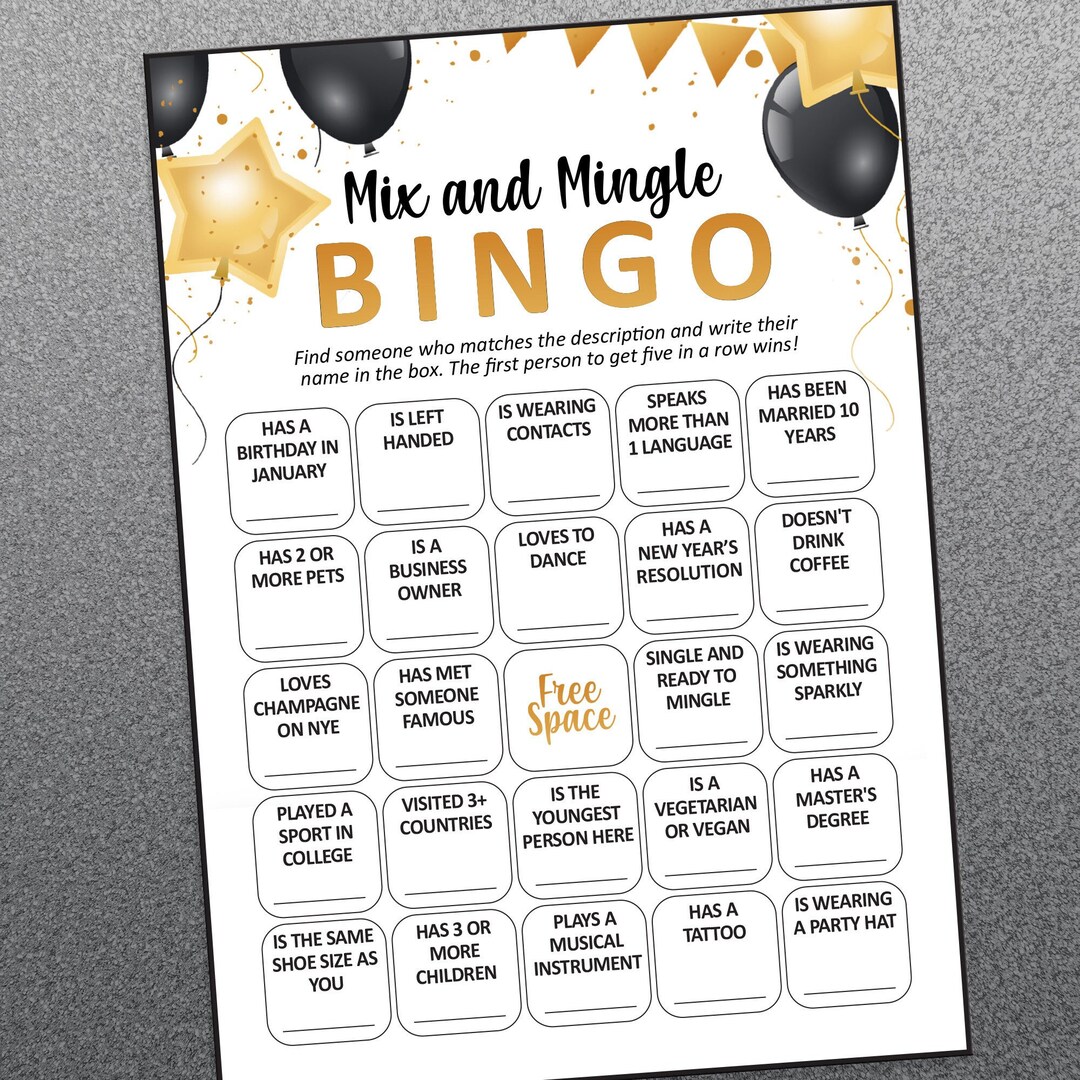 Mix and Mingle Bingo, New Year's Bingo, NYE Games, Find the Guest Game ...