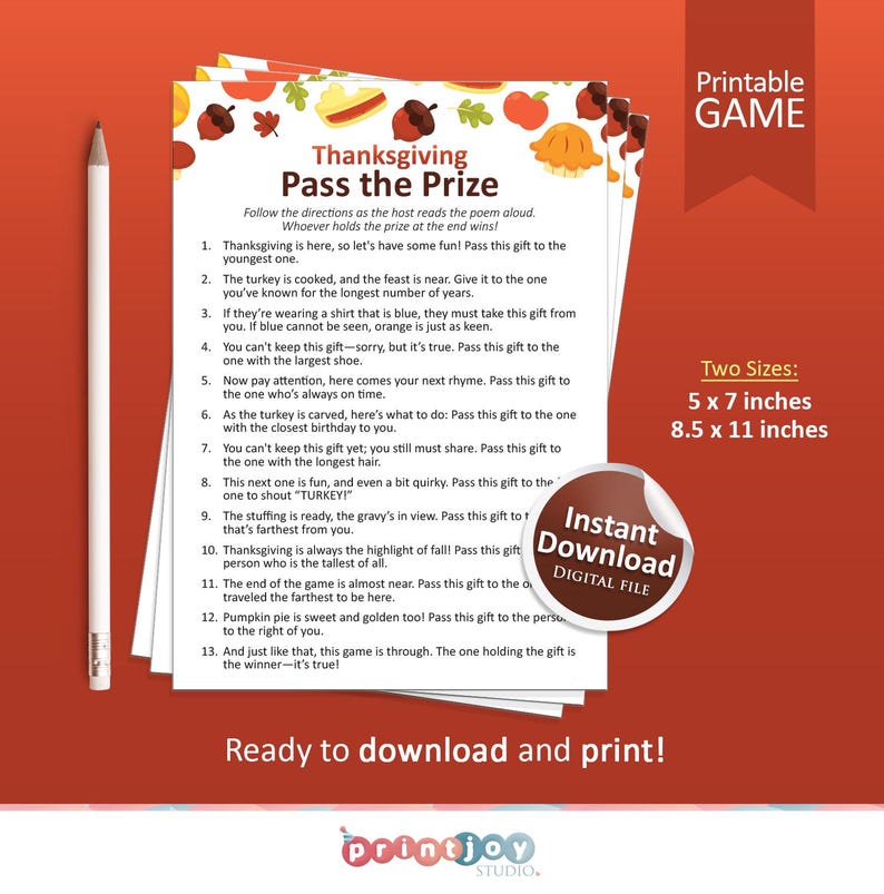 Thanksgiving Games Printable, Pass the Gift Game, Party Games, Adult ...