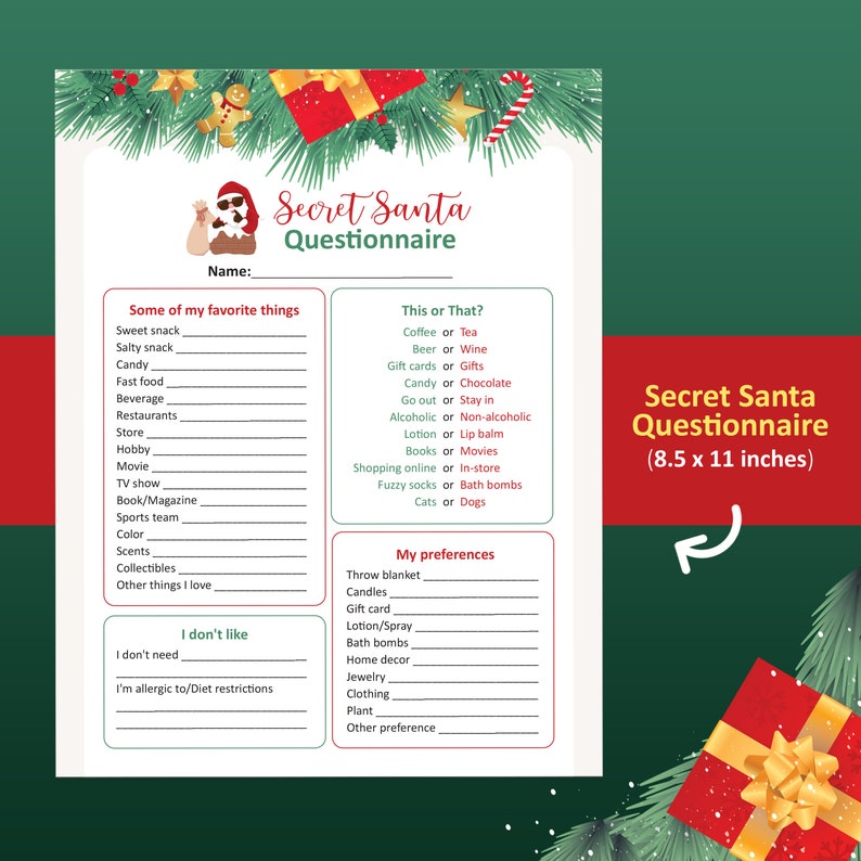 Secret Santa Questionnaire Printable, Secret Santa Cards, Secret Santa ...
