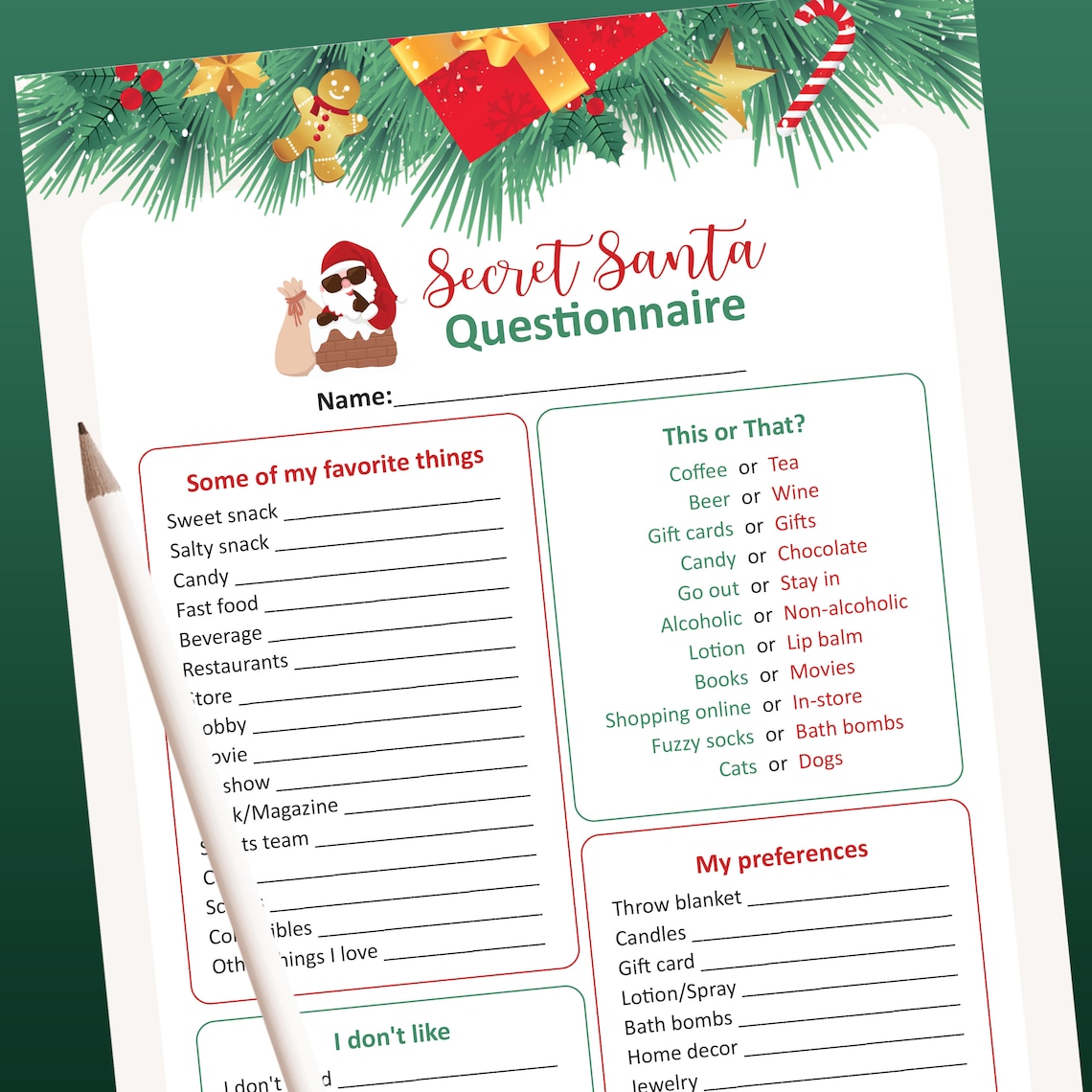 Secret Santa Questionnaire Printable Secret Santa Cards - Etsy
