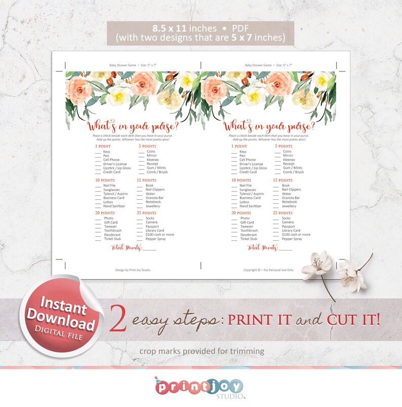 What's in Your Purse Game, Printable Baby Shower Games, Floral Baby ...