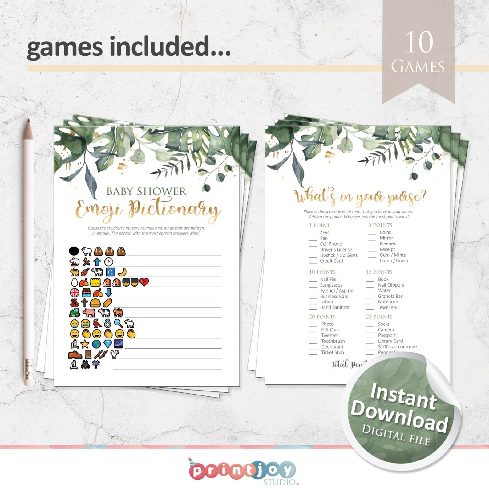 Greenery Baby Shower Games Bundle With Gold | Baby Shower Games Package ...