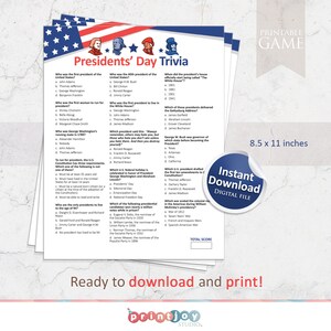 Presidents Day Trivia Game, Presidents Day Game, US Presidents Game ...