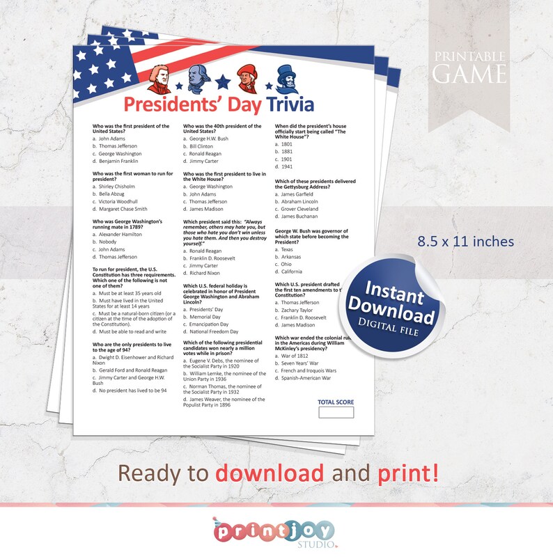 Presidents Day Trivia Game Presidents Day Game US Presidents - Etsy