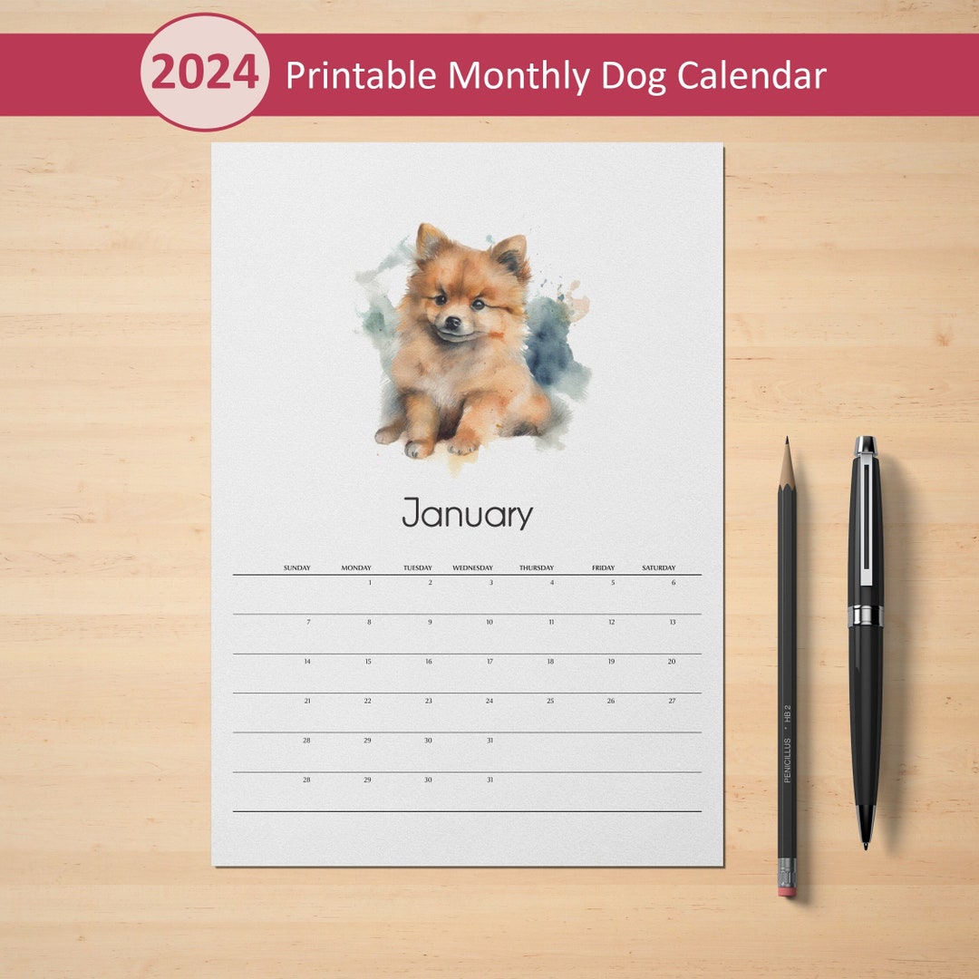 Dog Calendar, Printable Calendar 2024, Dog Gifts, Watercolor Dog, Dog ...