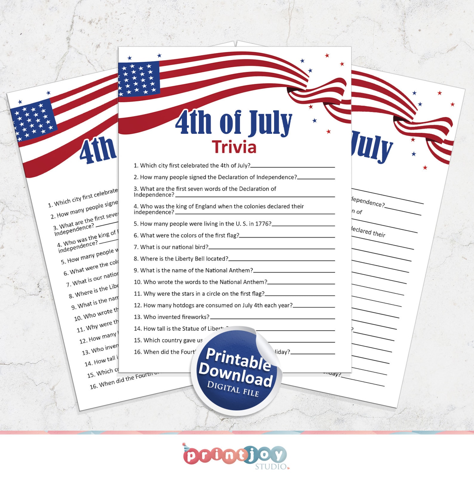 4th of July Printable Game Fourth of July Trivia Game | Etsy