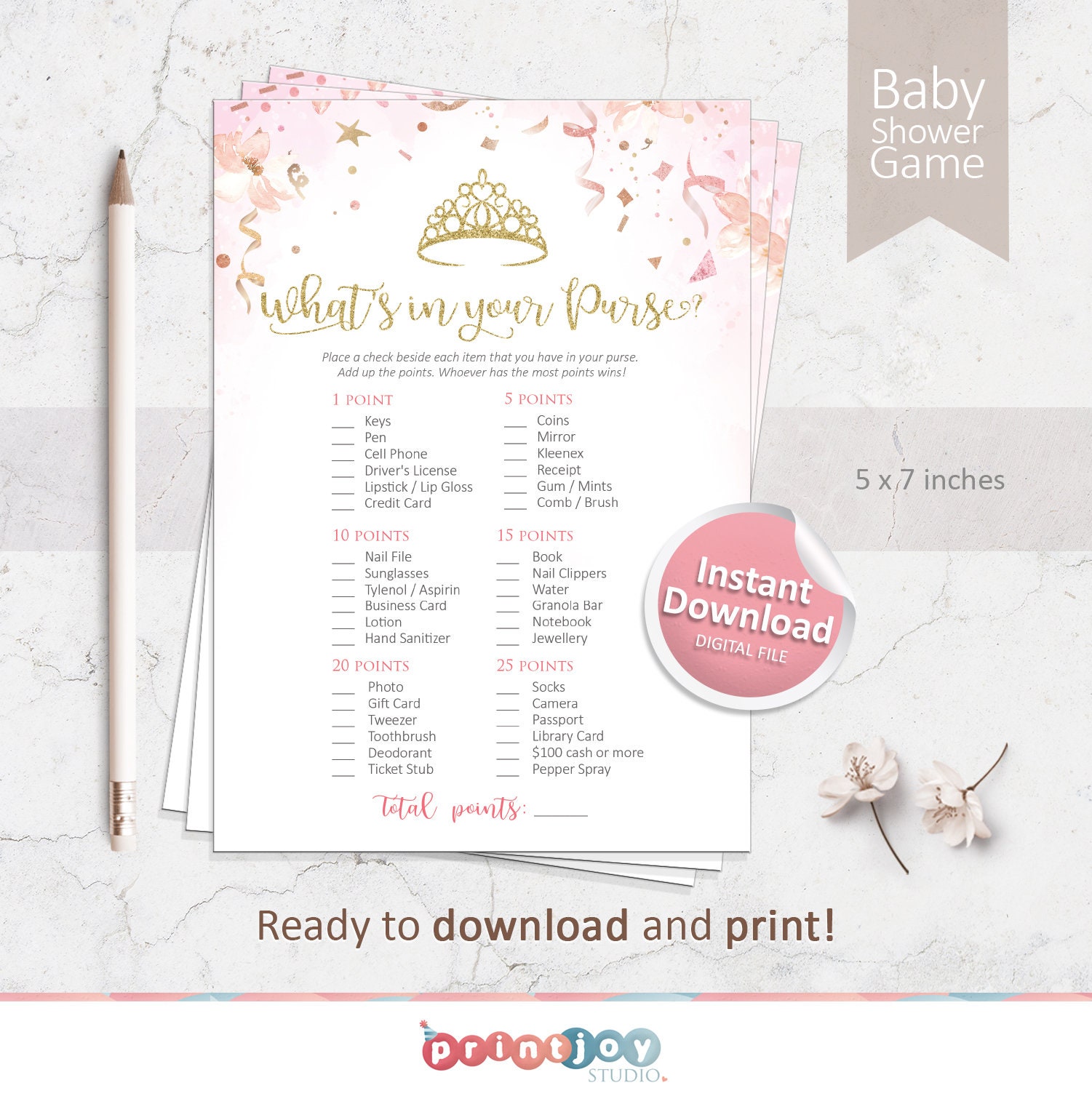 What's in Your Purse Game, Princess Baby Shower Games Printable, Baby ...