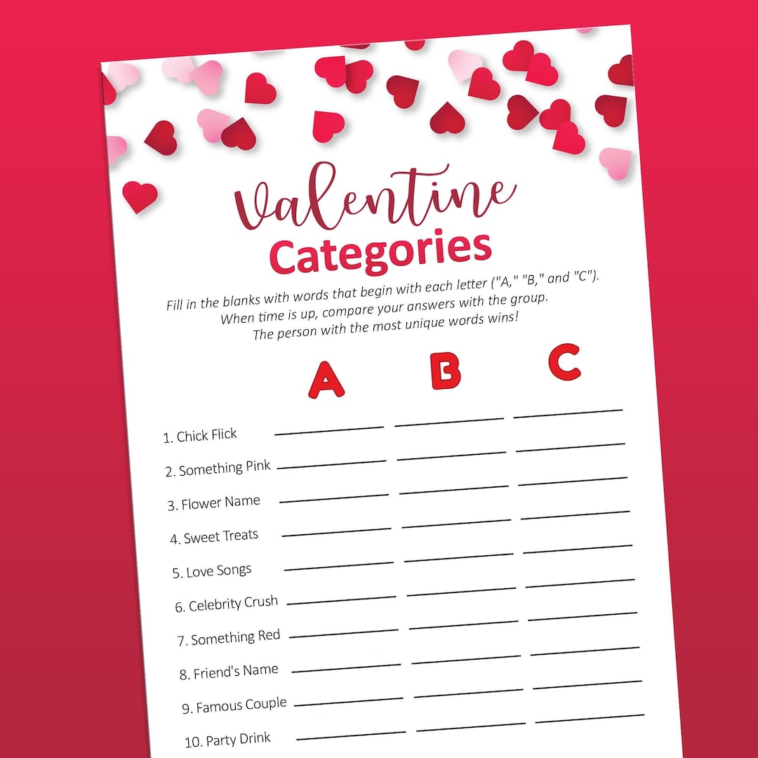 Valentine's Categories Game, Printable Valentines Day Game, Valentines ...