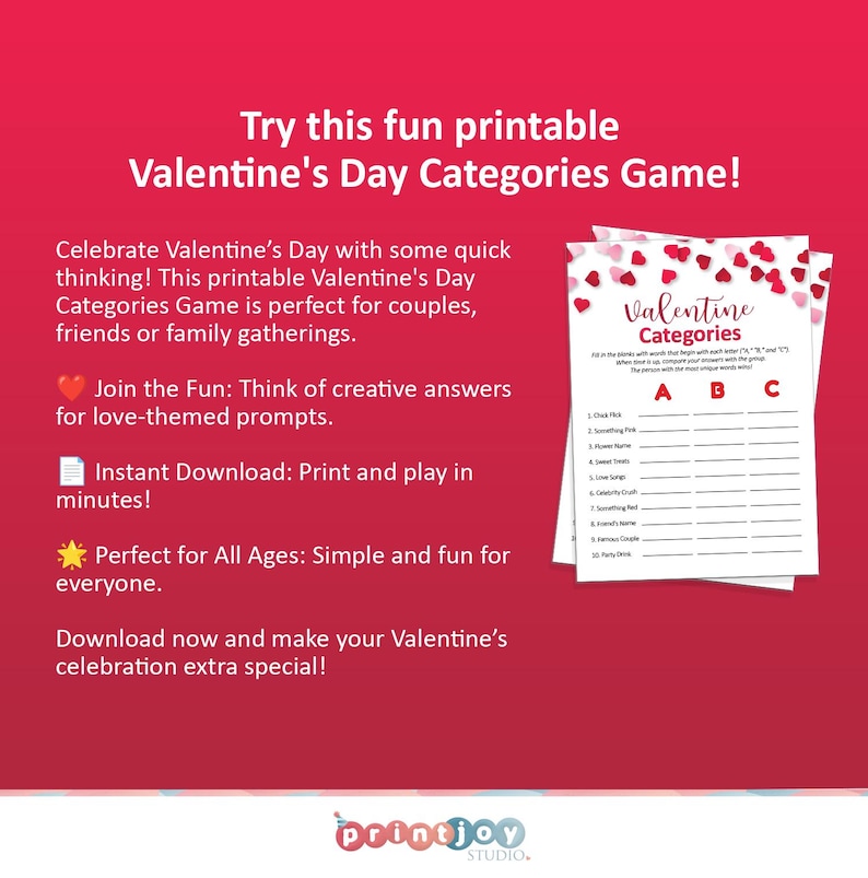 Valentine's Categories Game, Printable Valentines Day Game, Valentines ...