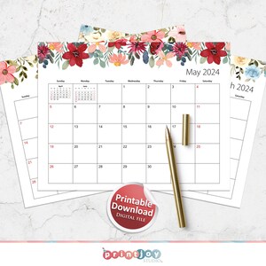 Printable Calendar 2024, Flower Calendar, Calendar 2024 Floral Wall ...