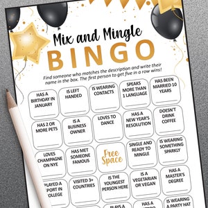 Mix and Mingle Bingo, New Year's Bingo, NYE Games, Find the Guest Game ...