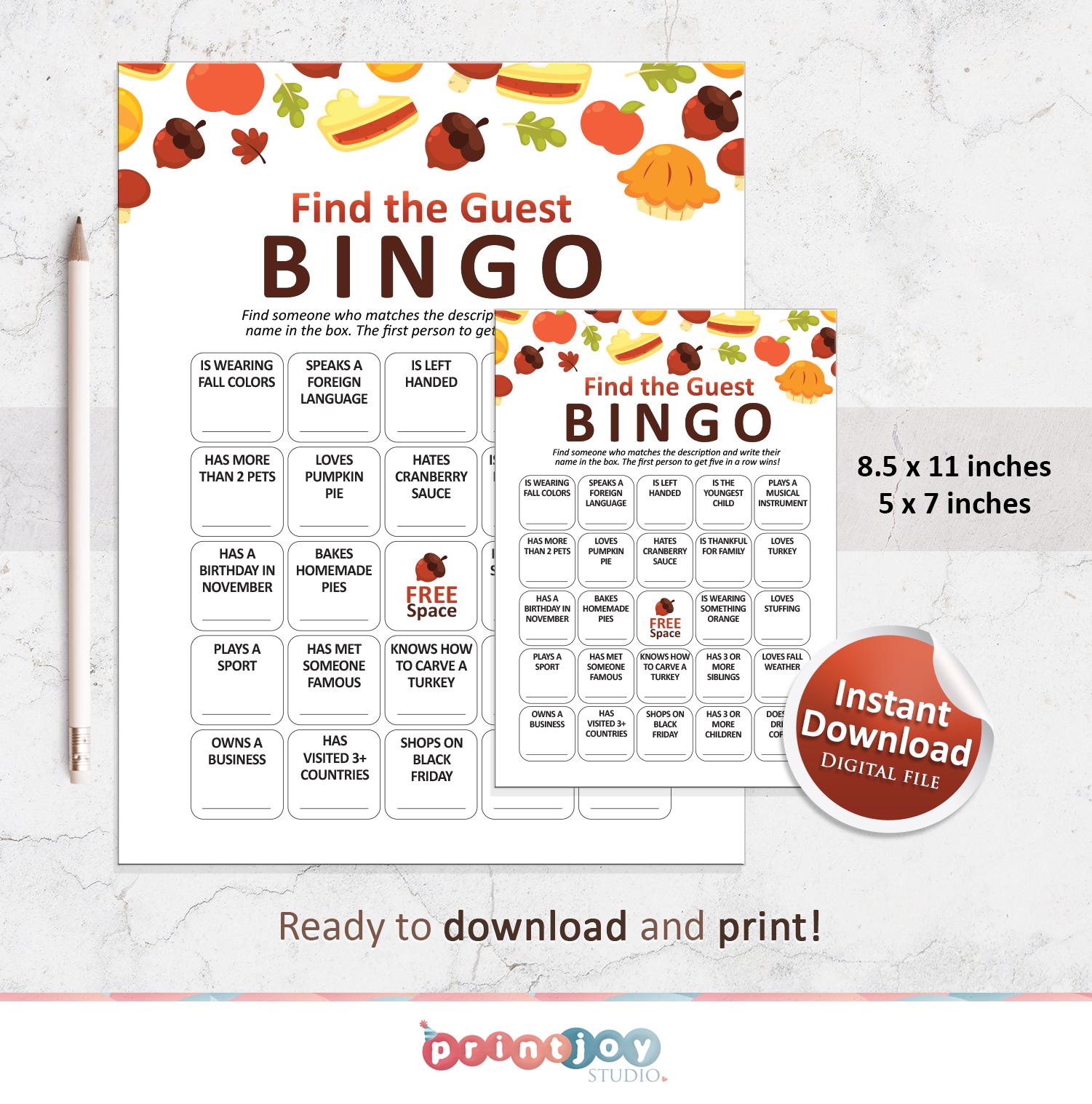 Thanksgiving Games Printable, Find the Guest Bingo, Party Games, Adult ...