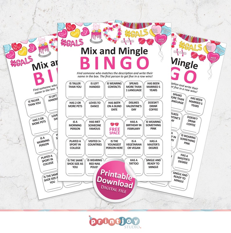 Galentines Day Games, Mix and Mingle Bingo, Galentines Games, Find the ...