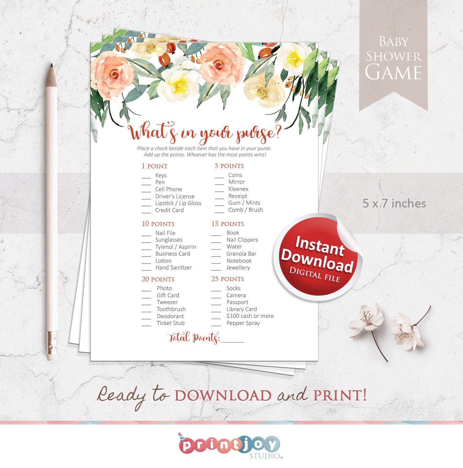 What's in Your Purse Game, Printable Baby Shower Games, Floral Baby ...