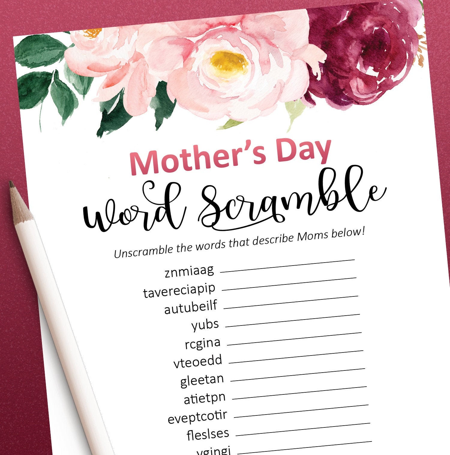 Mothers Day Games Word Scramble Game for Mother's Day - Etsy