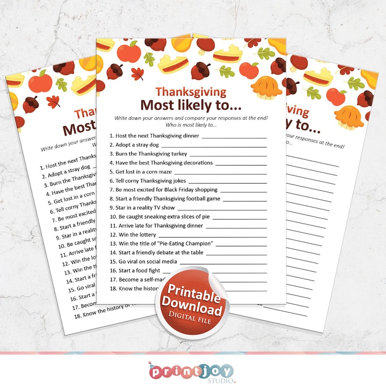 Printable Thanksgiving Party Games, Most Likely to Game, Family Games ...
