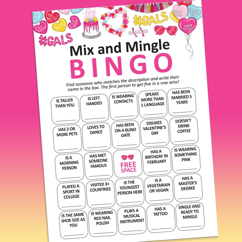 Galentines Day Games, Mix and Mingle Bingo, Galentines Games, Find the ...