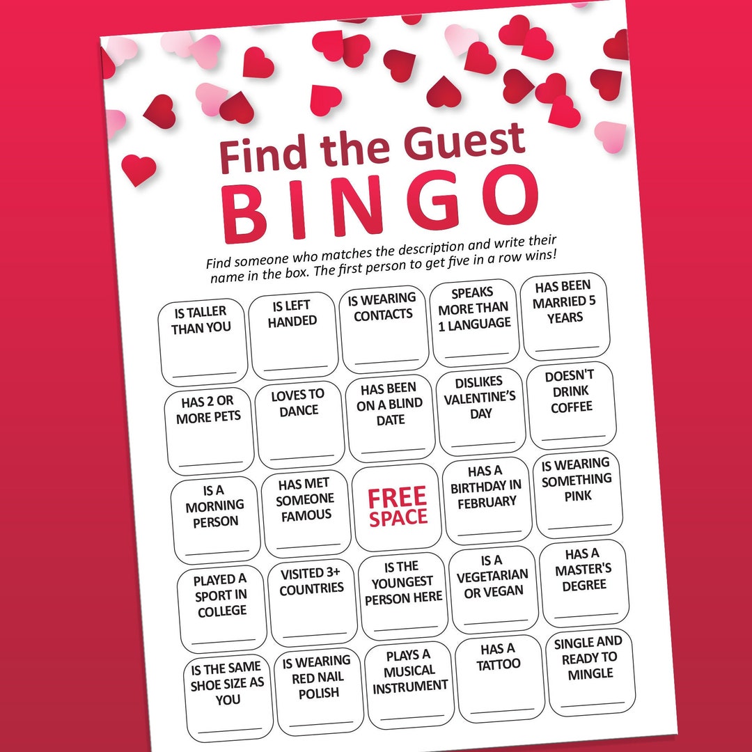 Find the Guest Bingo, Valentines Day Games, Printable Party Game ...