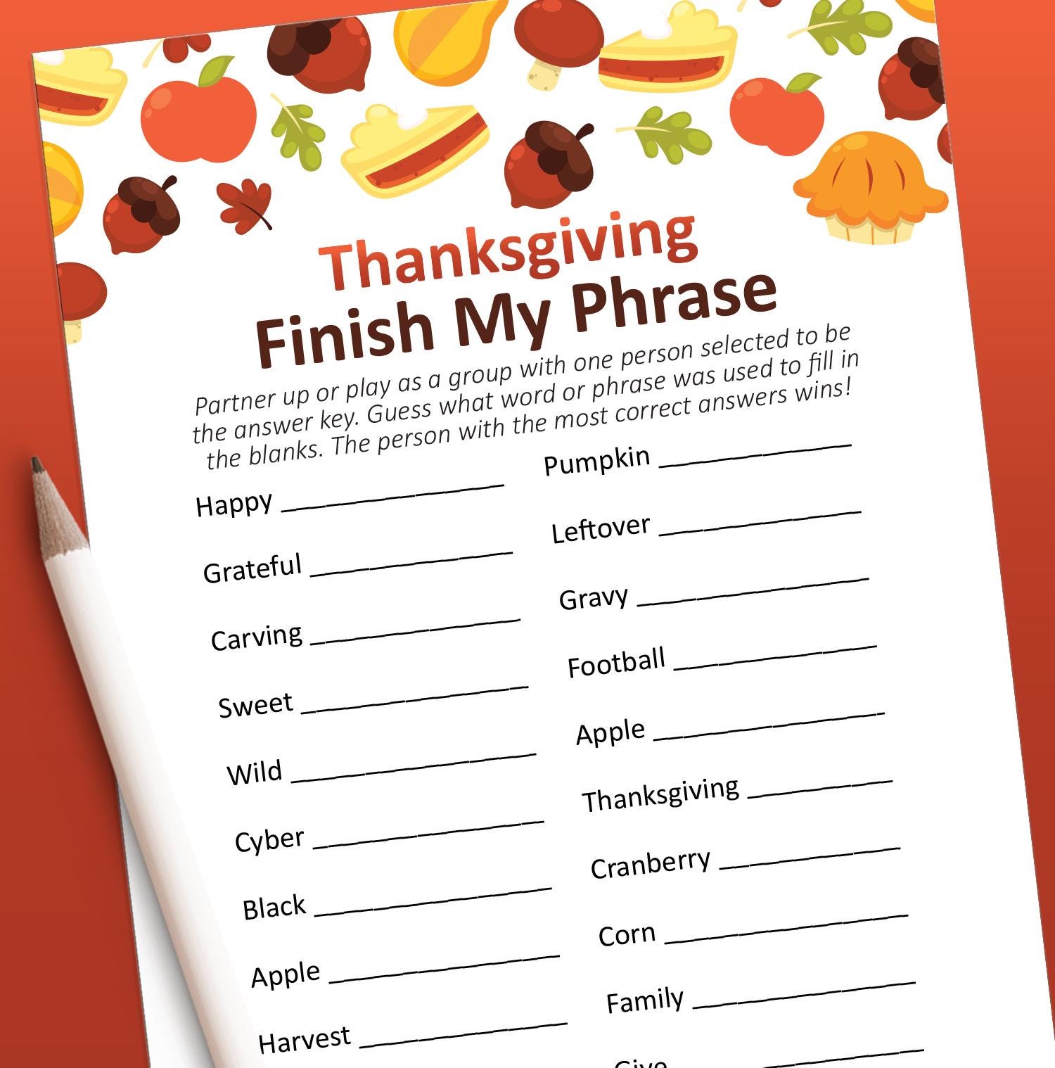 Thanksgiving Finish My Phrase Game, Family Thanksgiving Printable Game ...