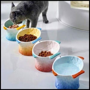 Ceramic Cat Feeder Fish Shape Elevated Bowls Shallow Angled Non Slip ...
