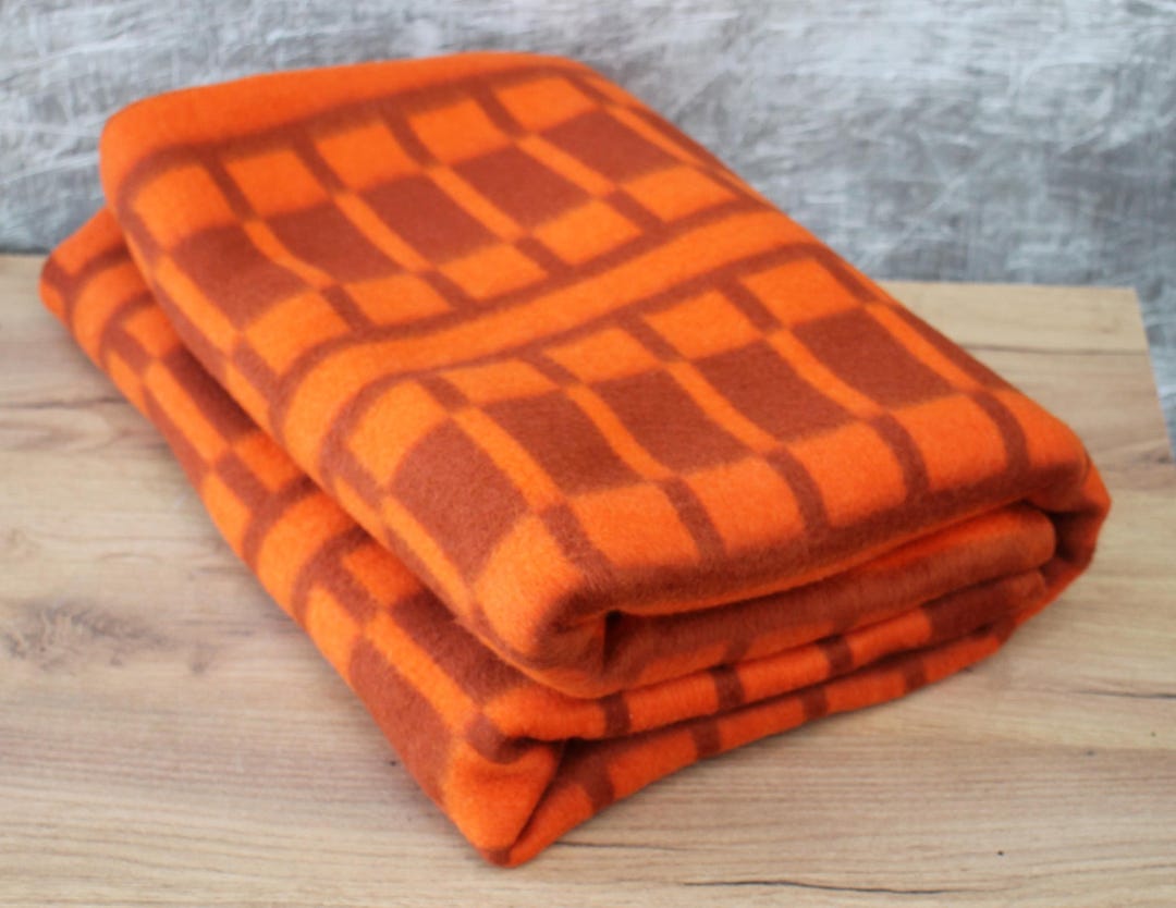 New Wool Blanket,vintage Soviet Checkered Orange Blanket, Russian ...