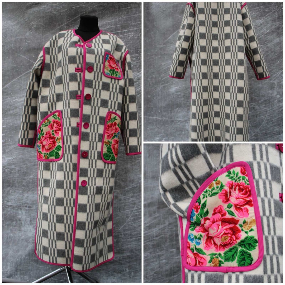 Wool Blanket Jacket, Blanket Coat With Flowers, Long Coat Oversized ...