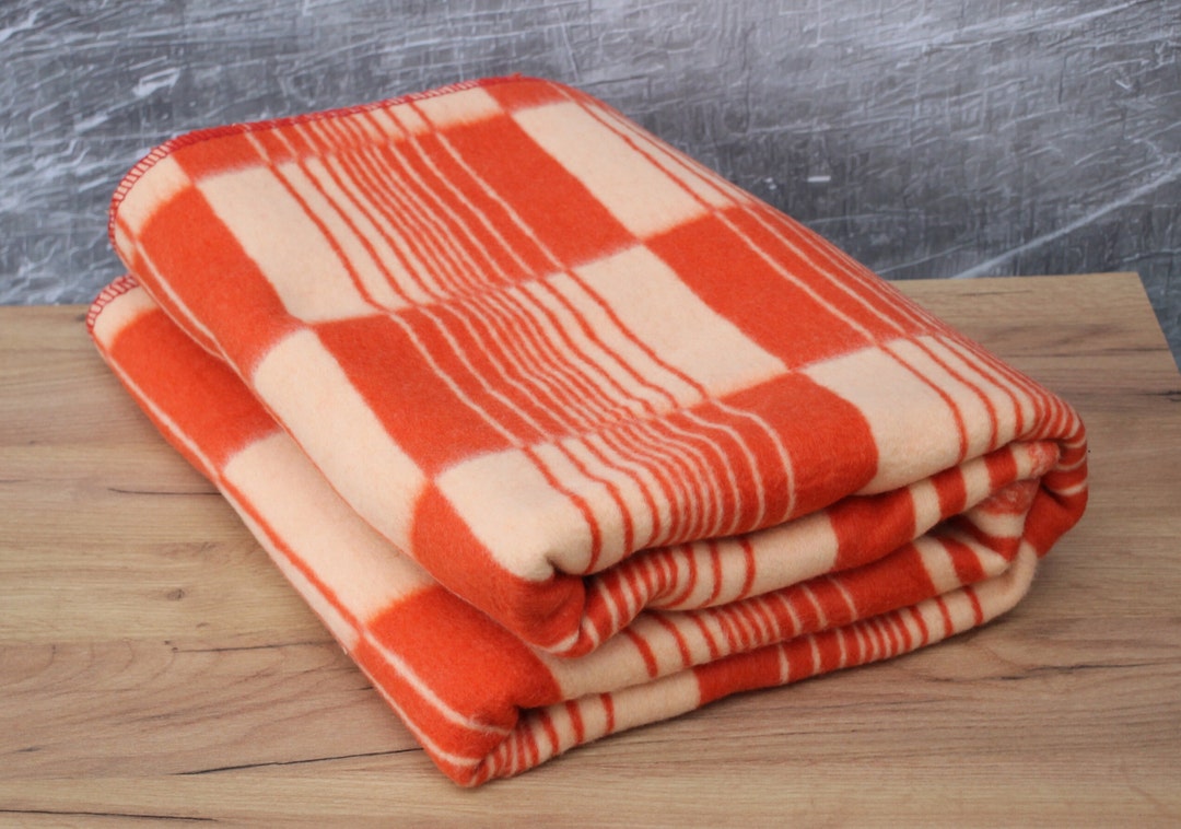Nos Wool Blanket,vintage Soviet Checkered Orange Blanket, Russian ...