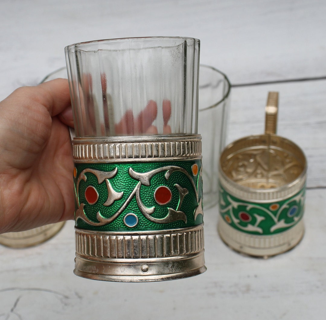 Russian Tea Glasses, 3 Set Podstakannik,soviet Glass Holder Kitchen ...