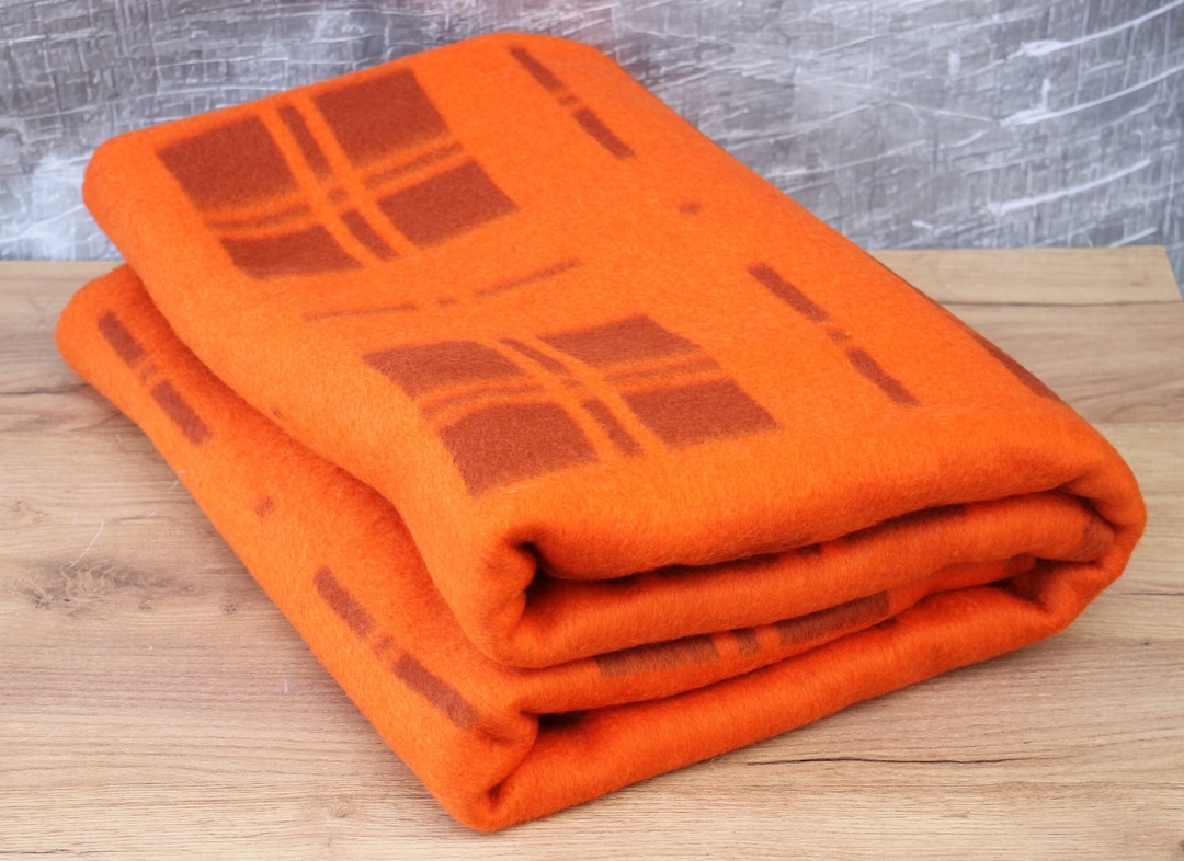 Nos Wool Blanket,vintage Soviet Checkered Orange Blanket, Russian ...