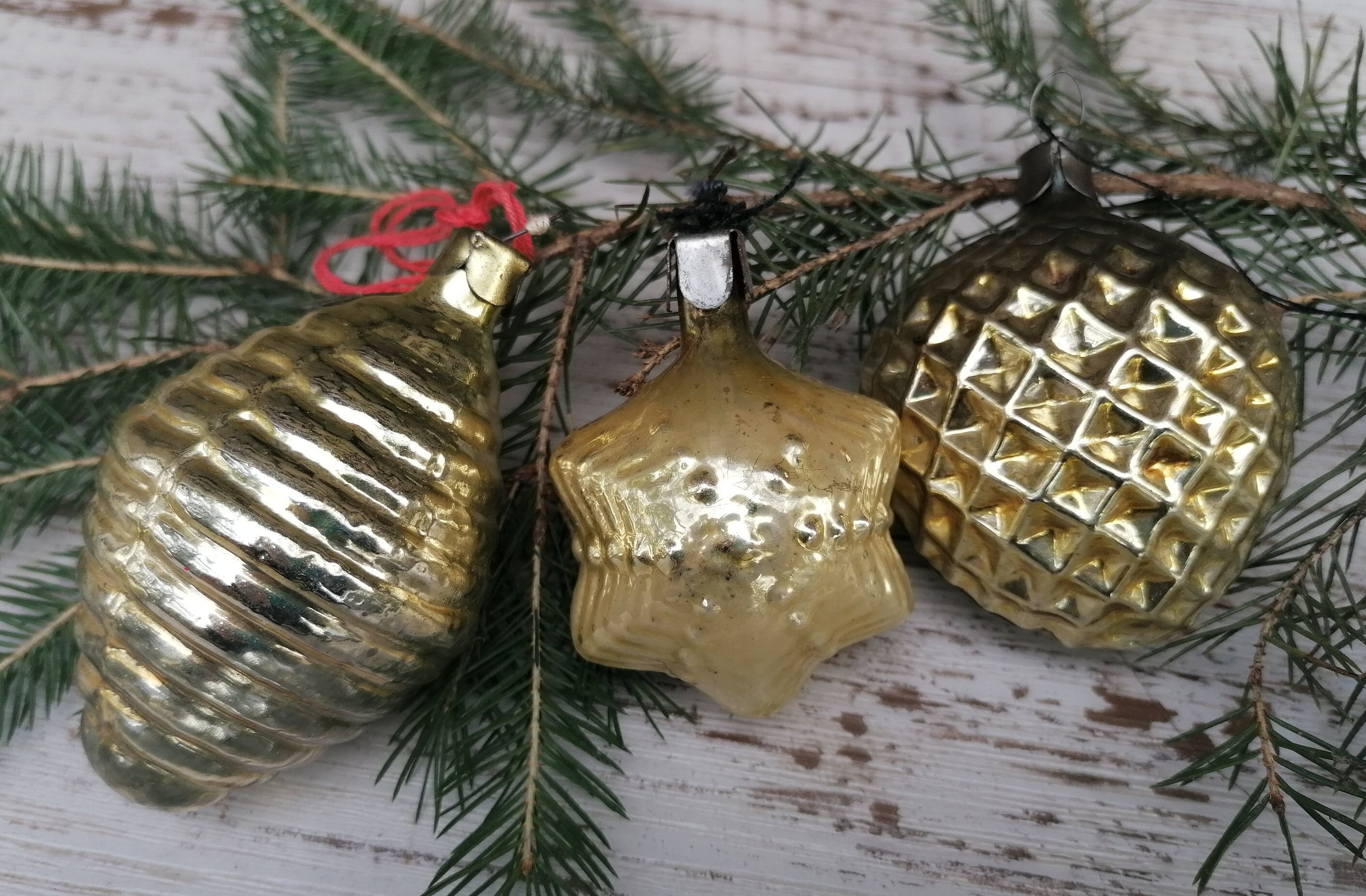 Set of 7 Soviet Christmas Ornaments, Shiny Brite Tree Topper, Gold Xmas ...