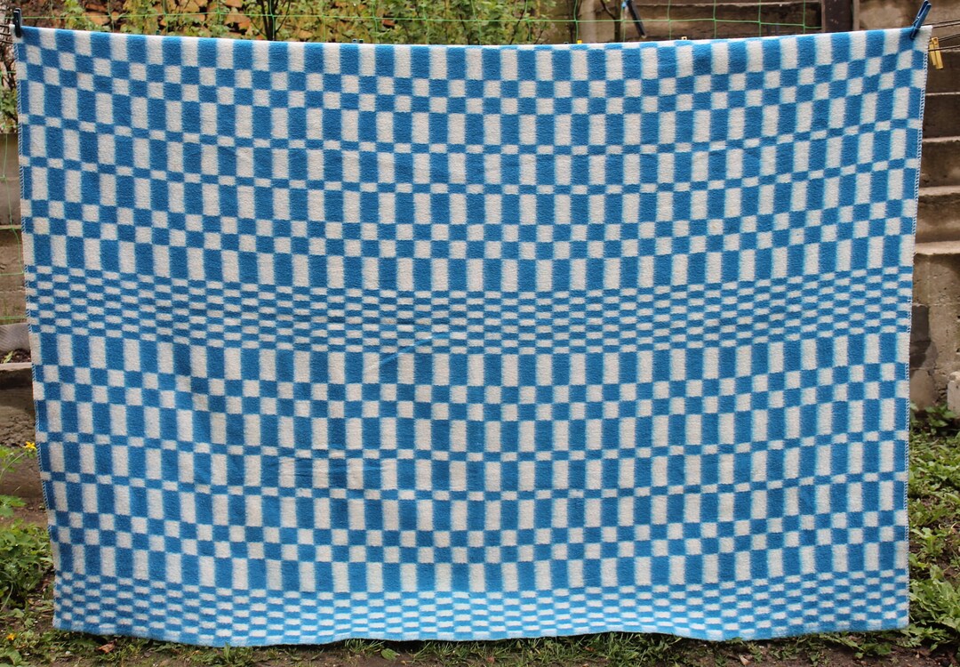 Wool Blanket,vintage Soviet Checkered Blue Blanket, Russian Woolen ...