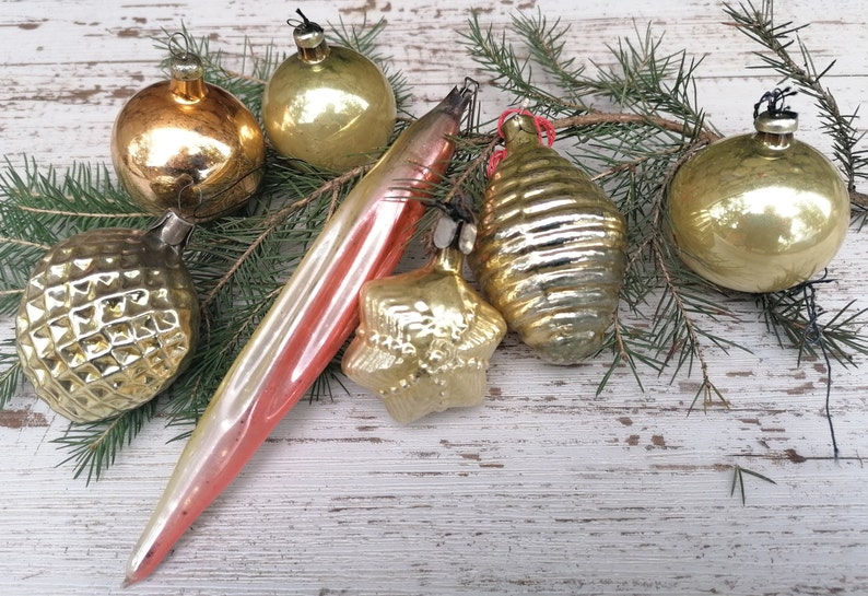 Set of 7 Soviet Christmas Ornaments, Shiny Brite Tree Topper, Gold Xmas ...
