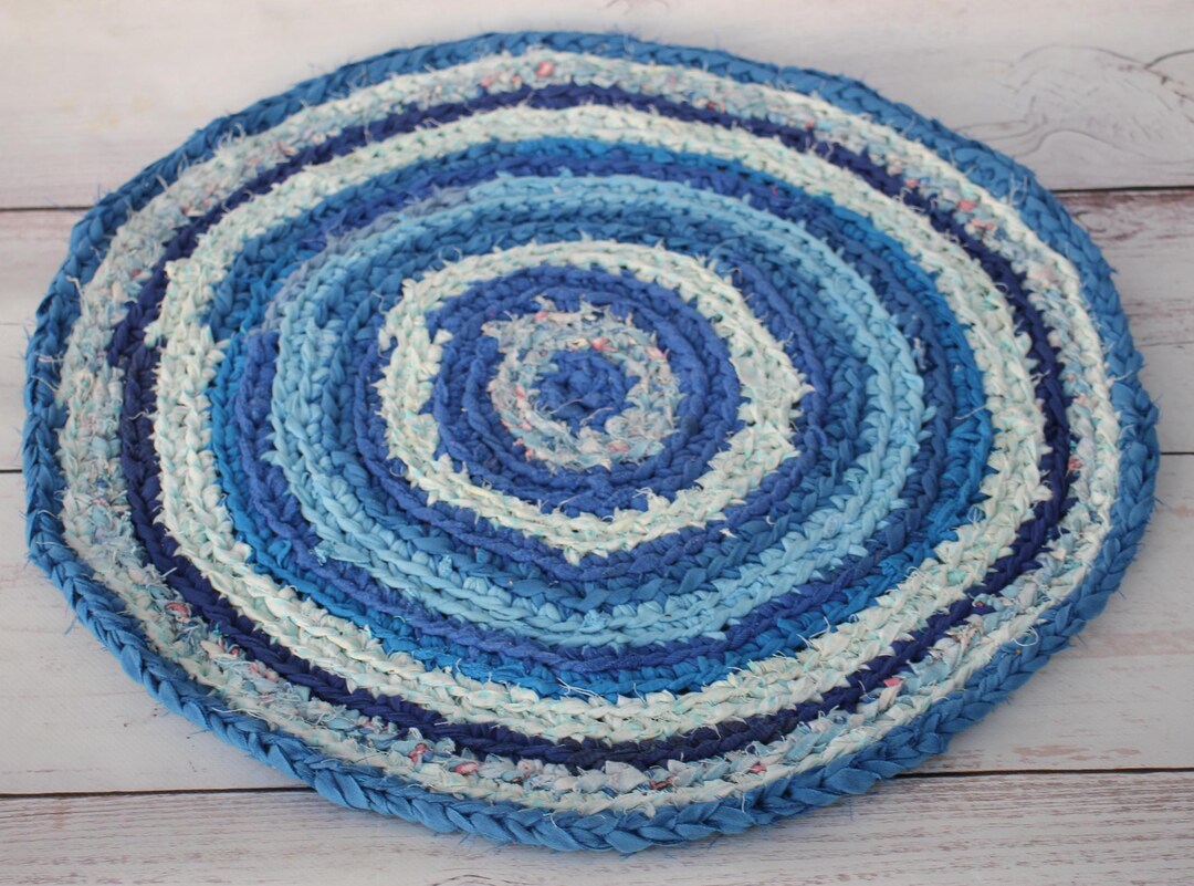 Handmade Round Rag Rug 18.5",upcycled Fabric Blue Crochet Rug,boho ...
