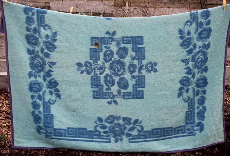 Vintage Soviet Wool Blanket, Blue Plaid Bedspread, USSR Made - Etsy