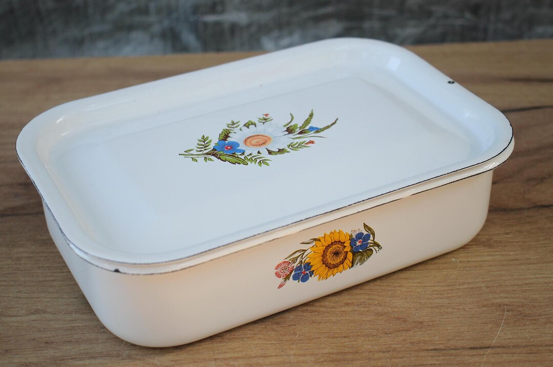 Vintage Enamel Box With Lid, Soviet Kitchen Decor, Floral Enamelware - Etsy