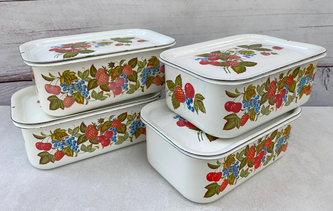Set of 4 Enamel Box Vintage, Soviet Container With Lid, Retro Enamel ...