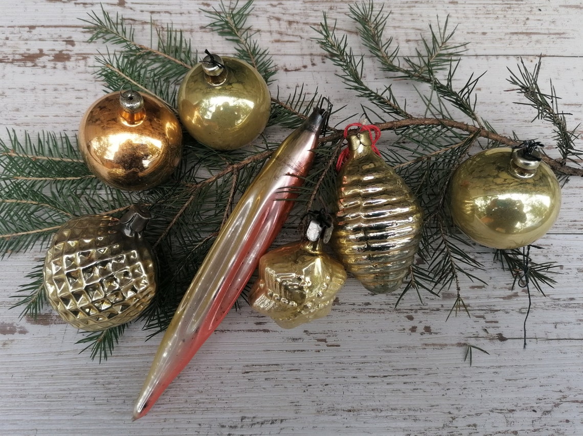 Set of 7 Soviet Christmas Ornaments, Shiny Brite Tree Topper, Gold Xmas ...