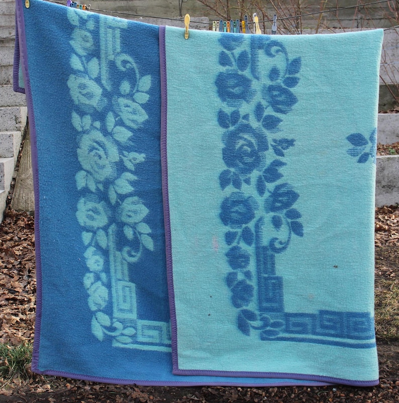 Wool Blanket, Vintage Soviet Heavy Blue Blanket, Retro Russian Woolen ...