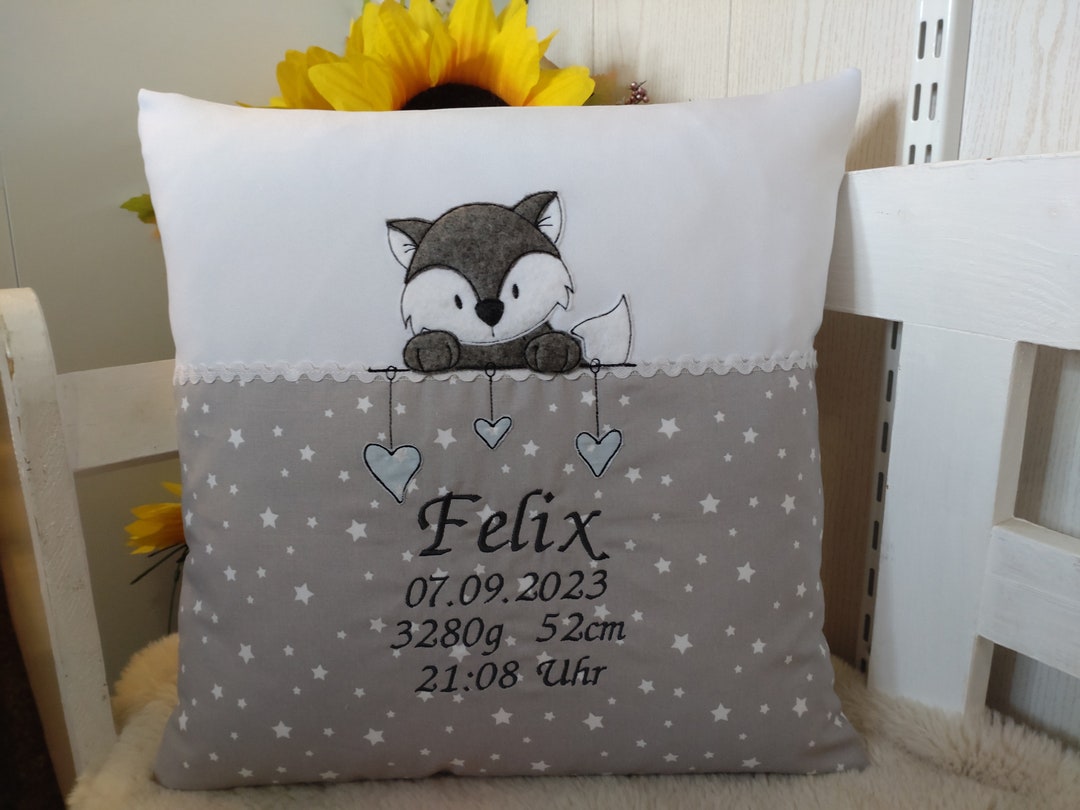 Pillow Cover for Birth, Baptism (fox Grey Stars Blue Hearts Appliqué ...